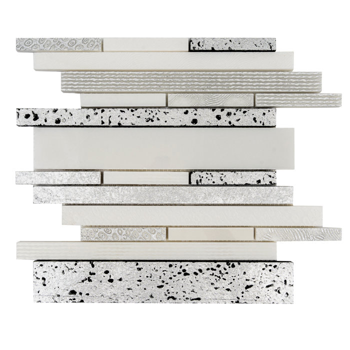 Artisana 12x12 in. White Silver Polished, Textured, Foiled Stone Linear Stack Mosaic Wall and ...